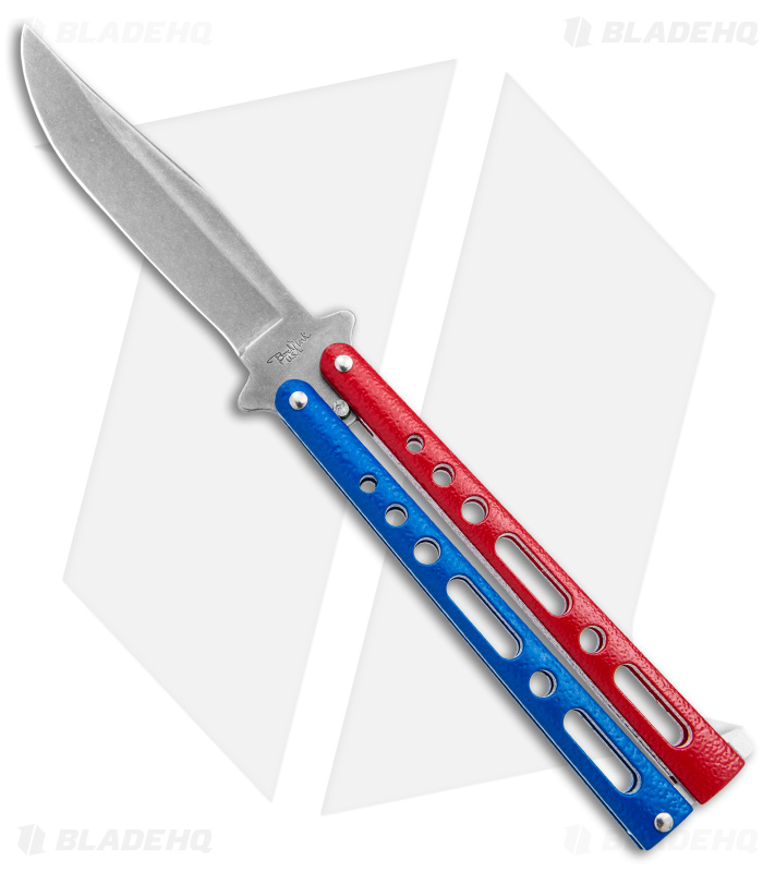 Benchmark Butterfly Knife Red/Blue (4" Stonewash) - Blade HQ