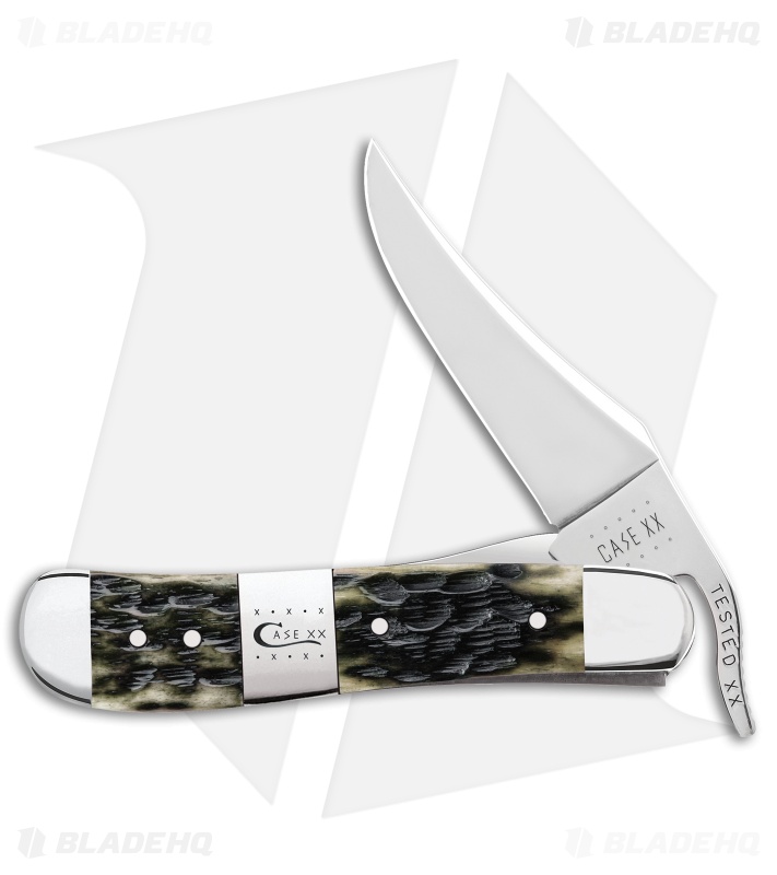 Case Russlock Pocket Knife Olive Green Peach Seed Jig Bone - Blade HQ