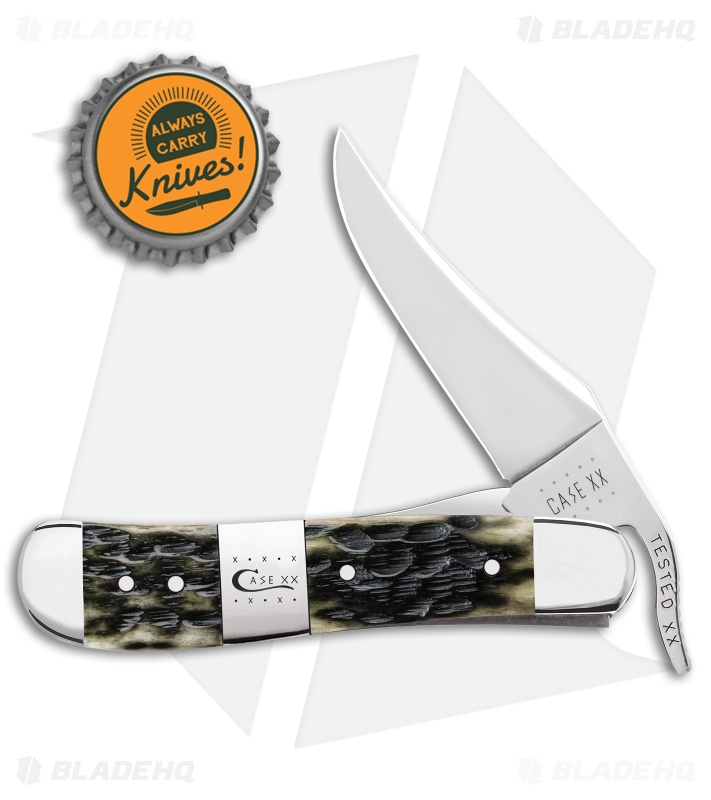 Case Russlock Pocket Knife Olive Green Peach Seed Jig Bone - Blade HQ