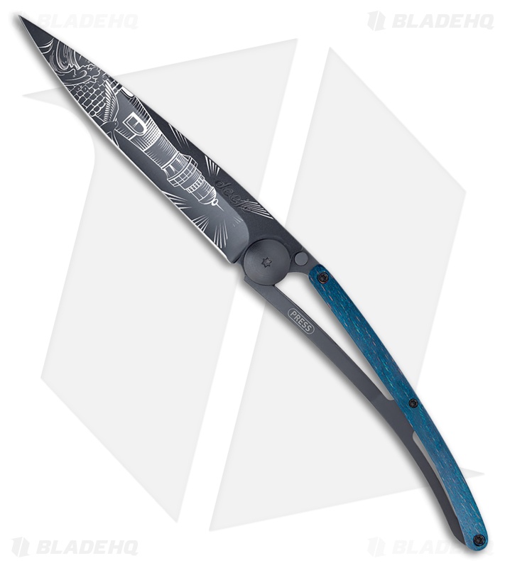 Deejo Lighthouse 37g Knife Blue Beech Wood/Black Steel Black