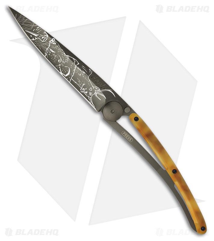 Deejo Hunting Scene 37g Knife Clear Turtle Black Steel