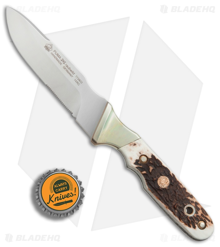 Puma Raubwild Fixed Blade Knife Stag (3.75" Satin Serr) 113403 - Blade HQ
