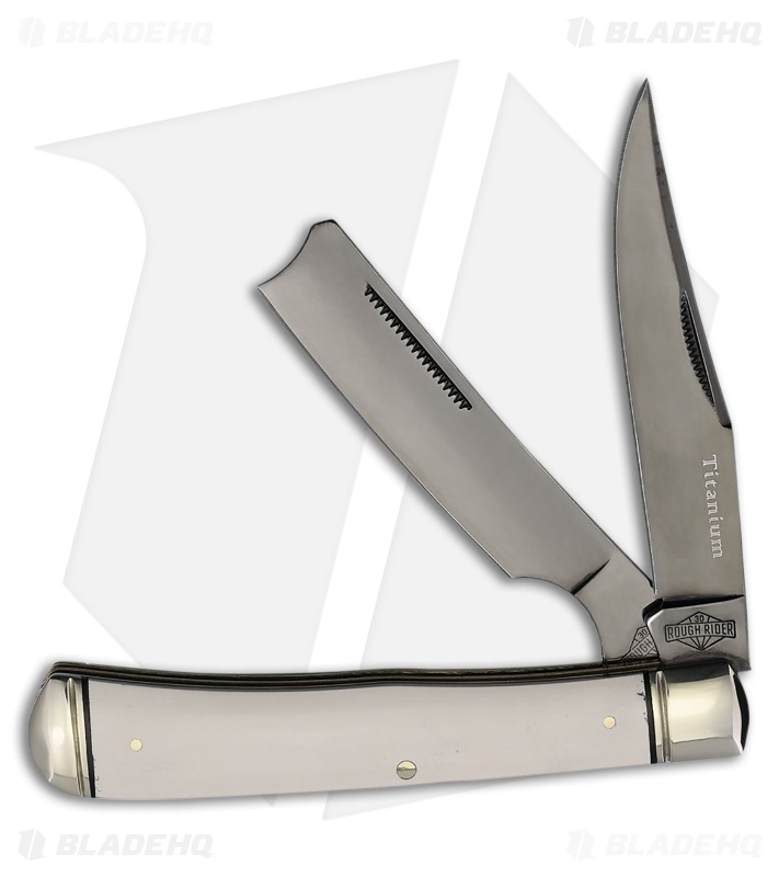 Rough Rider White Micarta Tuxedo Razor Trapper (3.25" Gray) - Blade HQ