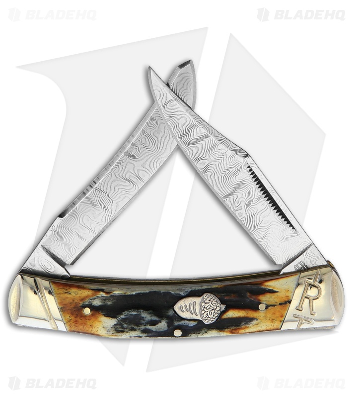 Rough Ryder Small Moose Knife Cinnamon Bone Stag Damascus