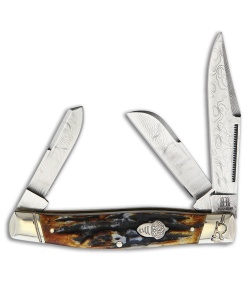 Rough Ryder Stockman Knife Brown Stag Bone Damascus