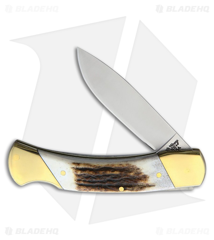 Schrade Stag Lockback Brown and White Stag (3.75" Satin) - Blade HQ