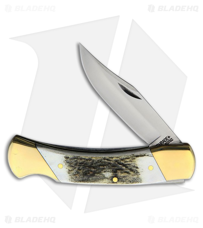 Schrade Stag Lockback Brown and White Stag (3.75" Satin) - Blade HQ