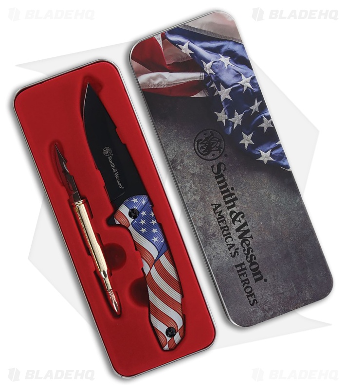 Smith & Wesson Fixed Blade and Bullet Folder Set – American Flag Handle ...