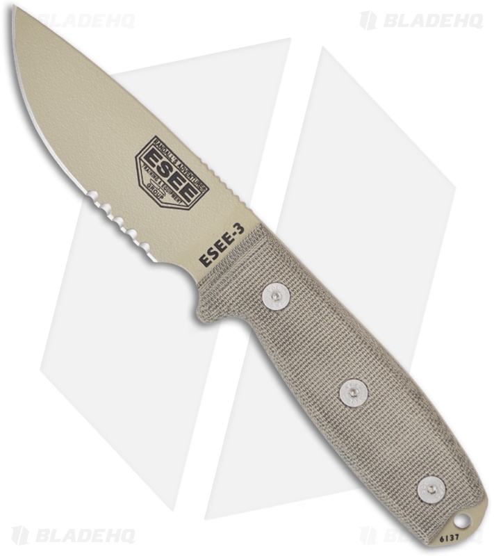 ESEE Knives ESEE-3SM-DT Modified Knife Green Sheath (3.88" Tan Serr ...