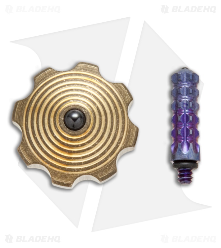 Marfione Custom Knives Mini Spin Top - Brass w/ Purple Ti Stem - Blade HQ