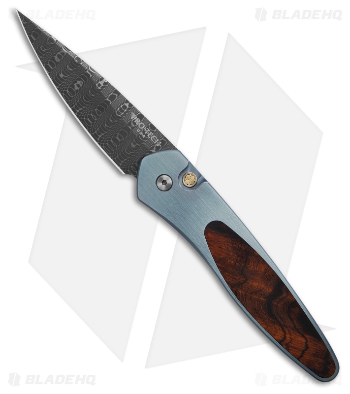 Pro-Tech Newport Automatic Knife Blue Titanium/Wood Damascus