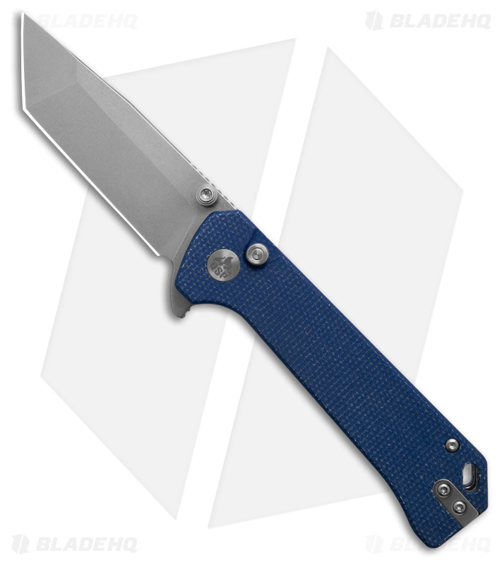 QSP Grebe Button Lock Tanto Knife Blue Micarta/SW - Blade HQ