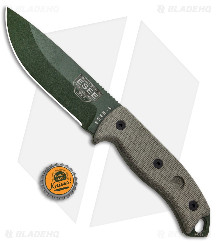 ESEE-5 Survival Fixed Blade Knife w/ Sheath (5.25" Green Plain) ESEE-5P ...