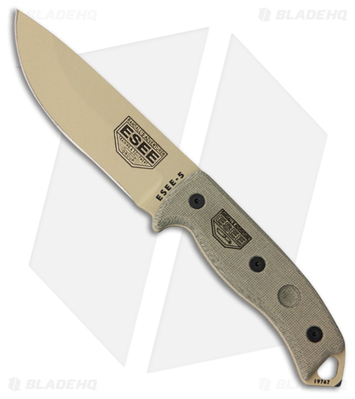 ESEE-5 Survival Fixed Blade Knife w/ Sheath (5.25" Desert Tan) ESEE-5P ...