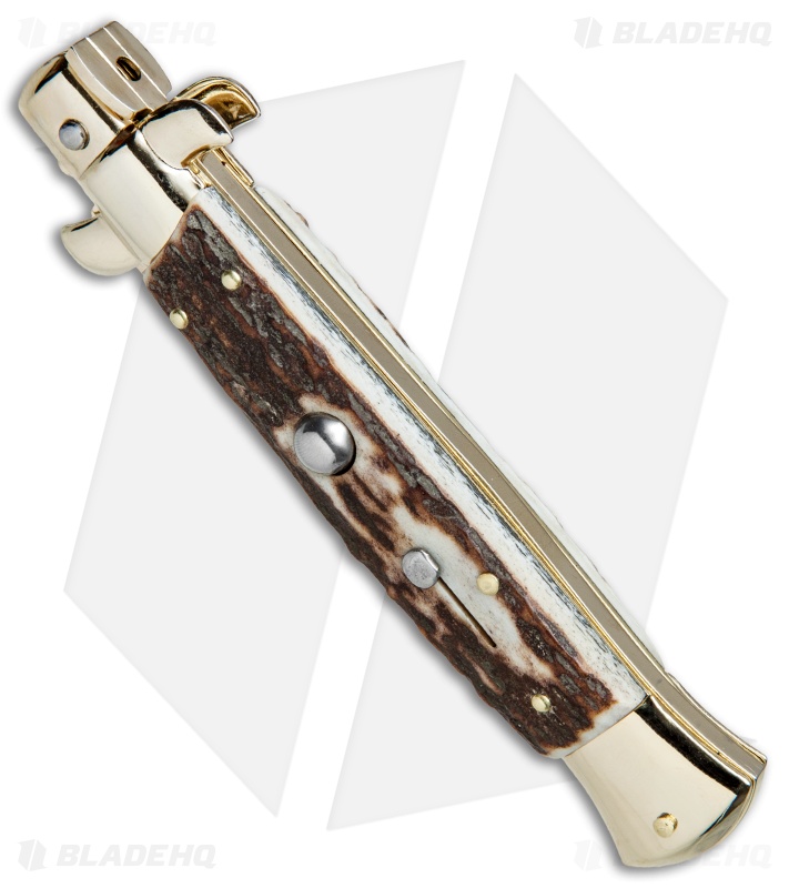 Frank B 9" Italian Stiletto Kris Automatic Knife Stag (4" Gold) - Blade HQ