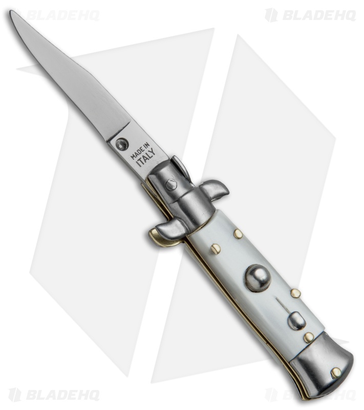 SKM 4.5" Italian Mini Stiletto Clip Point Automatic Knife White Pearlex ...