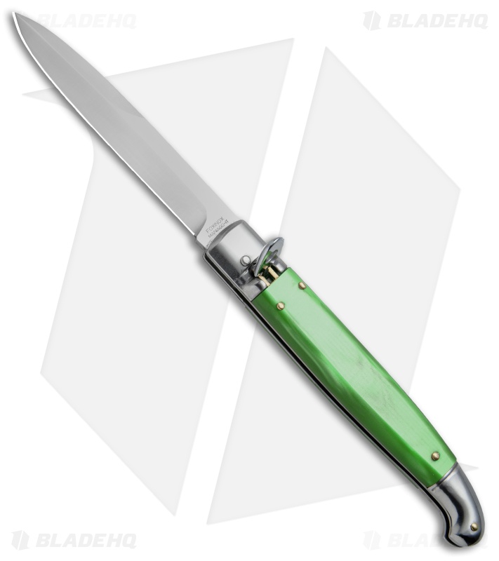 SKM 9.5" Fancy Lever Lock Automatic Knife Green Acrylic (4" Satin Bayo ...
