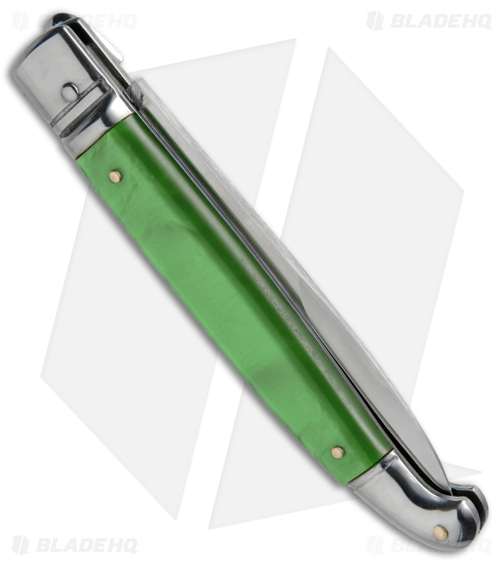 SKM 9.5" Fancy Lever Lock Automatic Knife Green Acrylic (4" Satin Bayo ...
