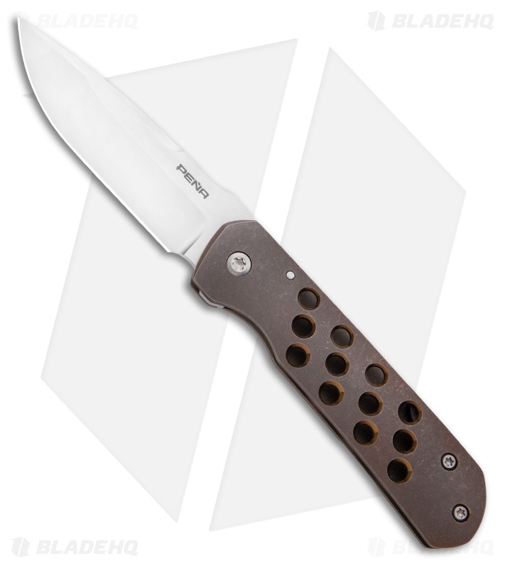 Pena Knives Custom Mula Frame Lock Knife Bronze Ti/Holes (3" Satin ...