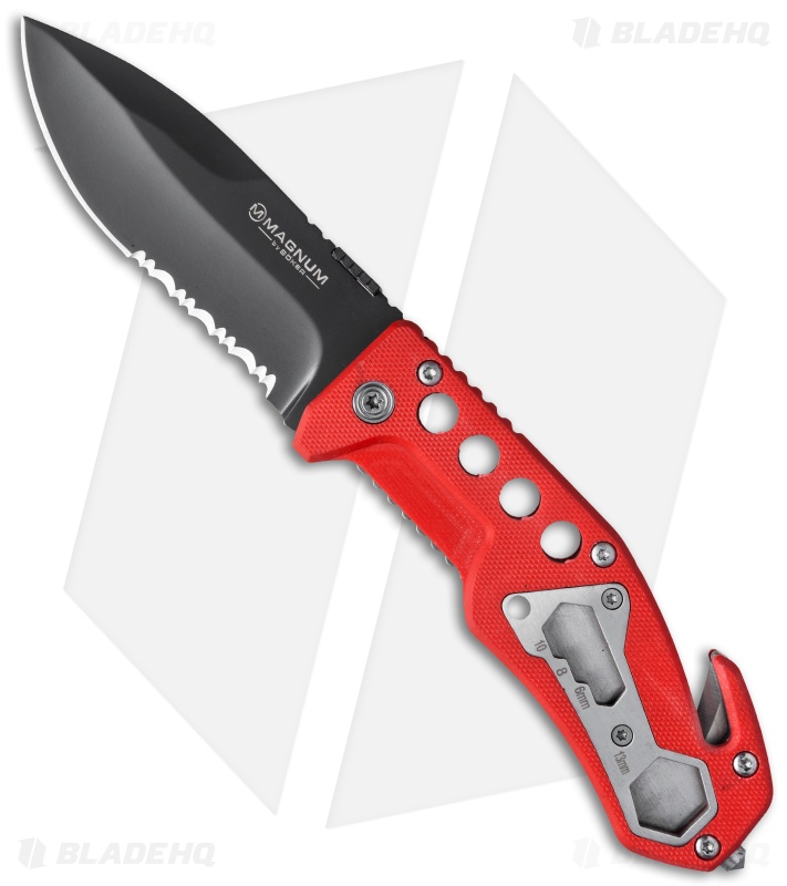 Boker Magnum Firefighter Liner Lock Knife Red G-10 (3.5" Gray) 01SC172 - Blade HQ