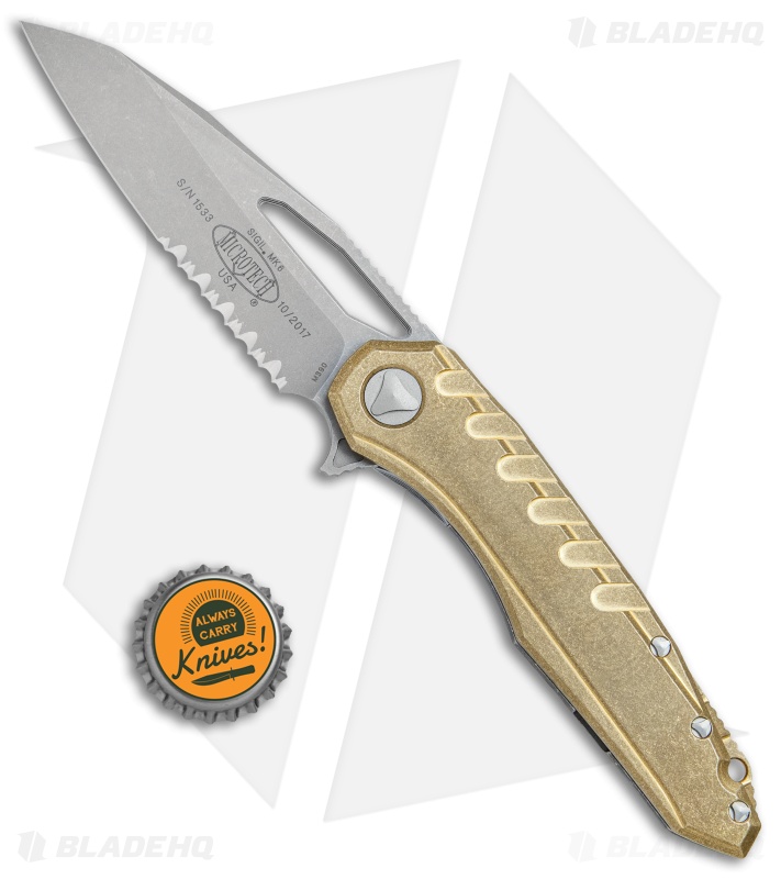 Microtech Sigil MK6 Frame Lock Knife Brass (3.75" Apocalyptic Serr ...