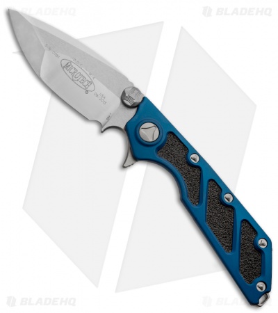 Microtech DOC Flipper Knife Blue Aluminum (3.75" Satin Plain) 153-4BL - Blade HQ