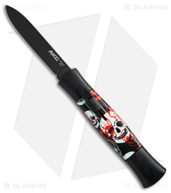 AKC 077 Concord OTF Automatic Knife Red/White Skull (3.25" Black Flat ...