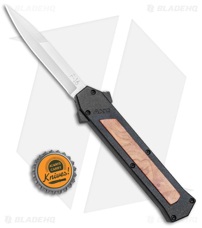 AKC F-16 D/A Bayonet OTF Automatic Knife Black/Wood (3.3" Satin) - Blade HQ