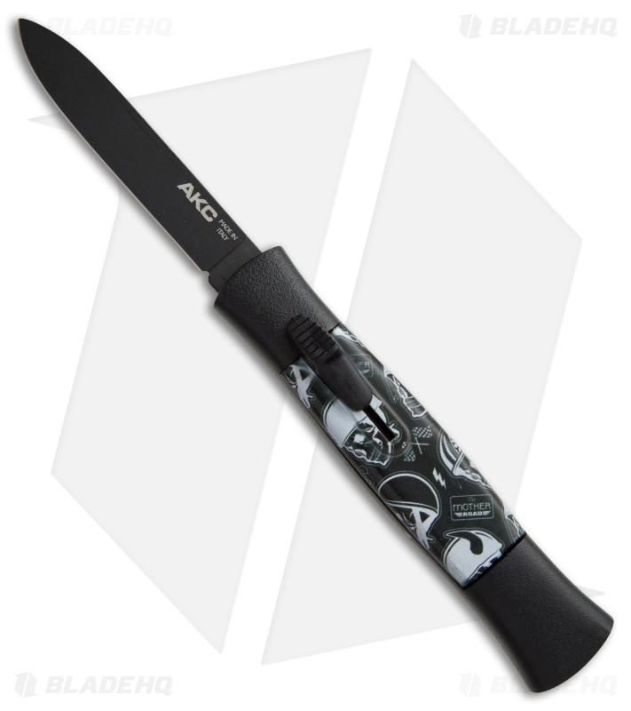 AKC 077 Concord OTF Automatic Knife Route 66 Skull (3.25" Black Flat ...