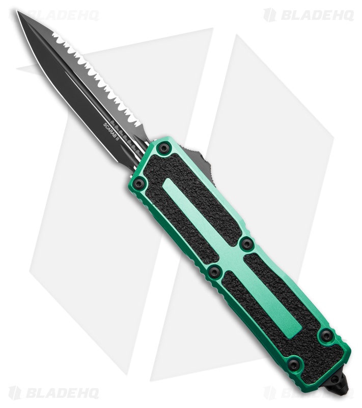 Microtech Scarab II OTF Knife Turquoise Al Black Full Serr