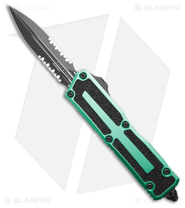 Microtech Scarab II OTF Knife Turquoise Al D/E Black Serr