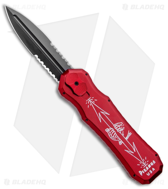 Piranha Excalibur OTF Automatic Knife Red Tactical (3.2" Black Serr ...