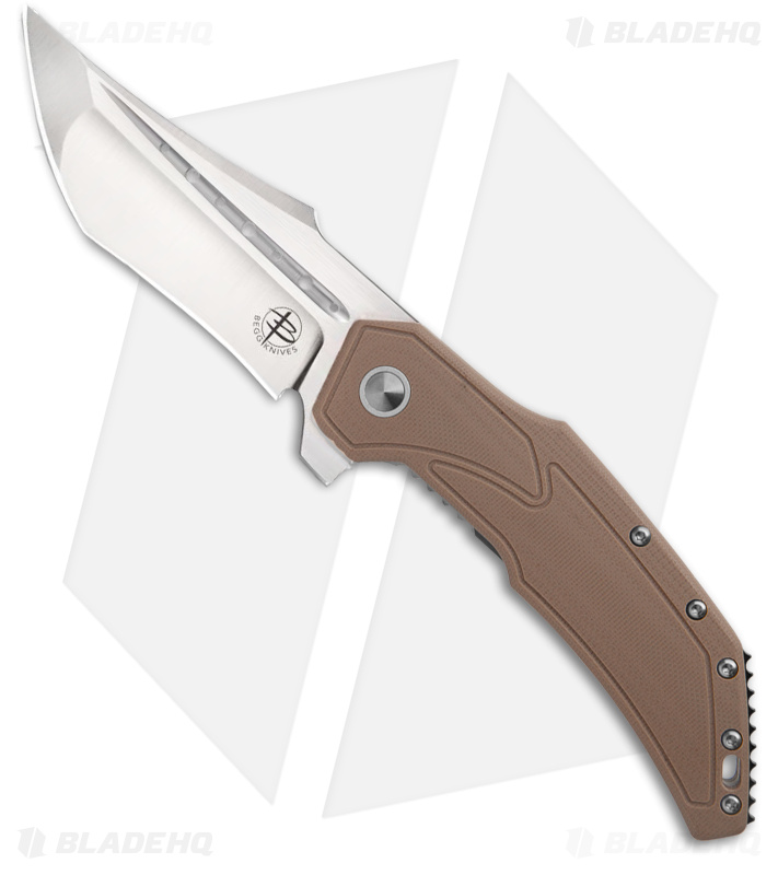 Begg Knives Astio Pocket Knife Tan G-10 Tanto Satin D2
