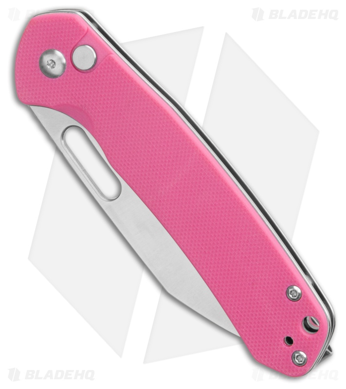 CJRB Pyrite-Alt Wharncliffe Button Lock Knife Pink G-10 (BB)