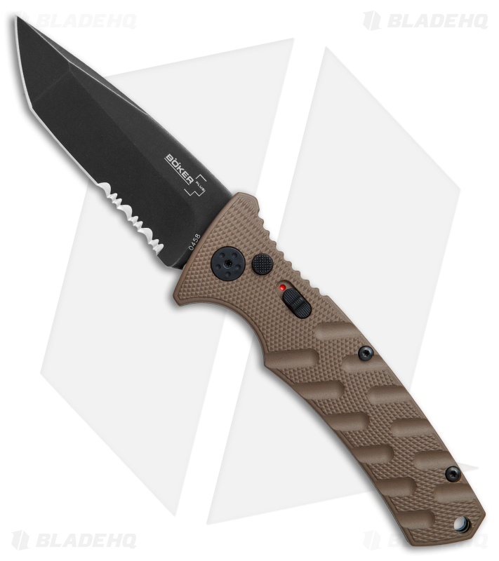 Boker Plus Strike Automatic Knife | Black Tanto Serrated + Coyote Brown