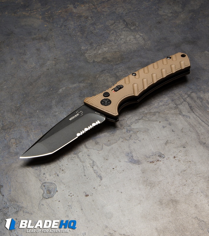 Boker Plus Strike Automatic Knife | Black Tanto Serrated + Coyote Brown