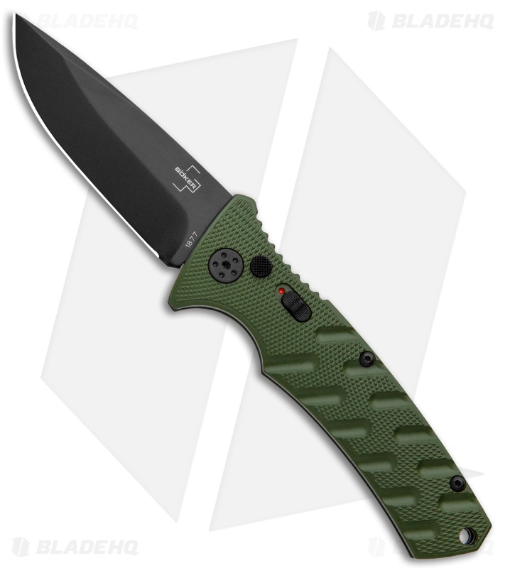 Boker Plus | Strike Drop Point Automatic Knife | Black D2 + OD Green