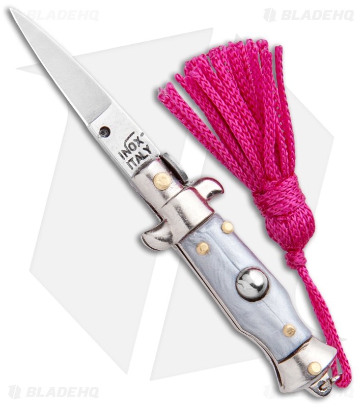 SKM Italian Stiletto Keychain Automatic Knife Silver/Pink (1.125" Satin ...