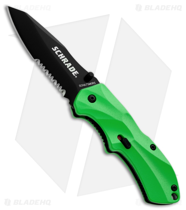 Schrade Small Clip Point Spring Assist Knife Green (2.5" Black Serr ...