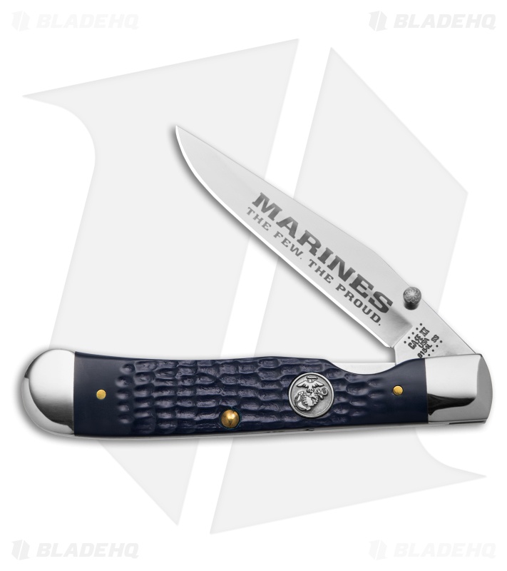 Case Knives USMC TrapperLock Knife 4.125" Jigged Blue Delrin