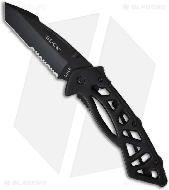 Buck Bones Frame Lock Knife (3" Black Serr) 0870BKX-B - Blade HQ