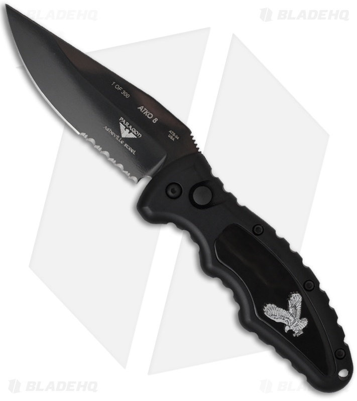 Paragon Custom Buffalo-Pearl ATKO 8 Automatic Knife (3.5" Serr) - Blade HQ