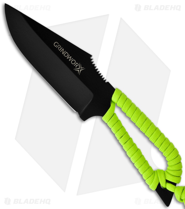 Grindworx Knives Eclipse Fixed Blade Knife w/ Green Paracord (4" Black ...