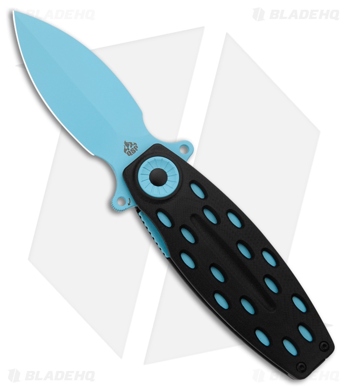 QSP Beetle Pocket Knife Black G-10 Spear Point Blue 14C28N
