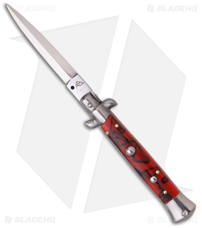 SKM AB 9" Italian Stiletto Automatic Knife Red Swirl (4" Satin Dagger ...