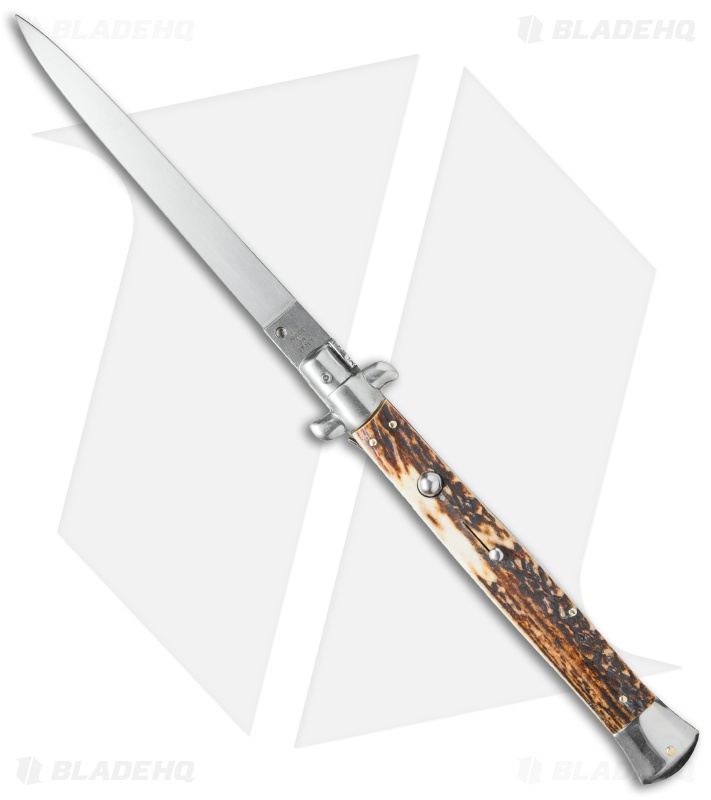 SKM 13" Italian Stiletto Automatic Knife Stag Horn (5.7" Satin Flat ...
